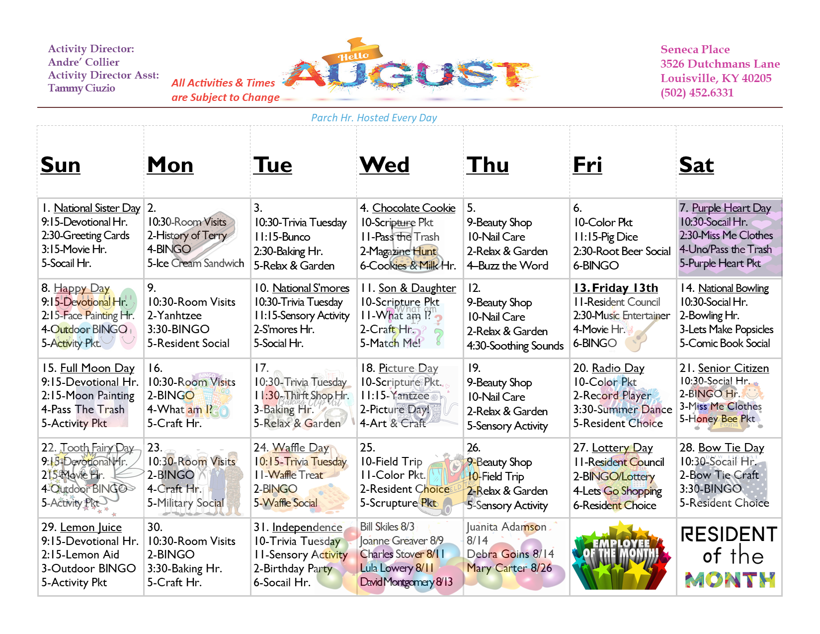 August 2021 Activity Calendar - Seneca Place