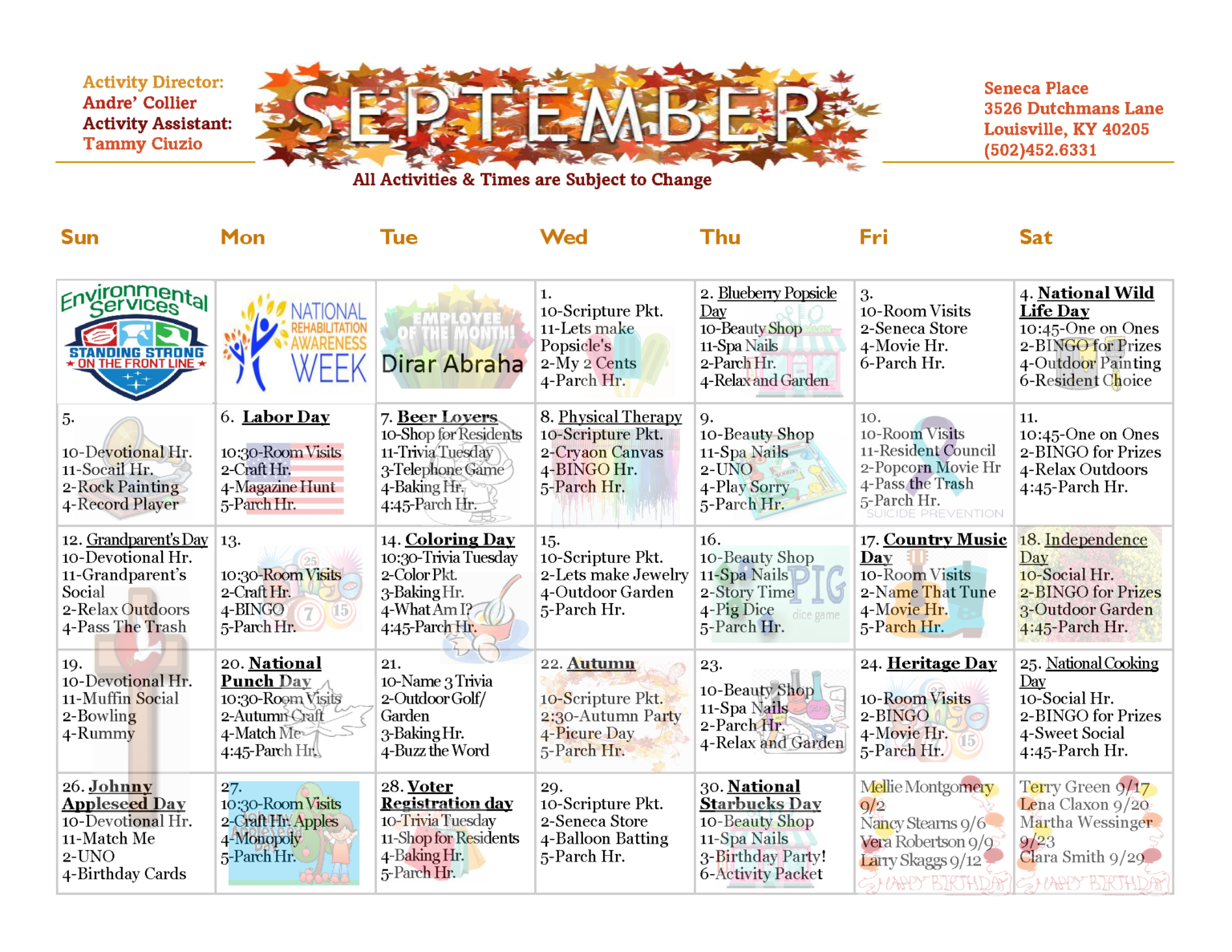 September 2021 Activity Calendar - Seneca Place